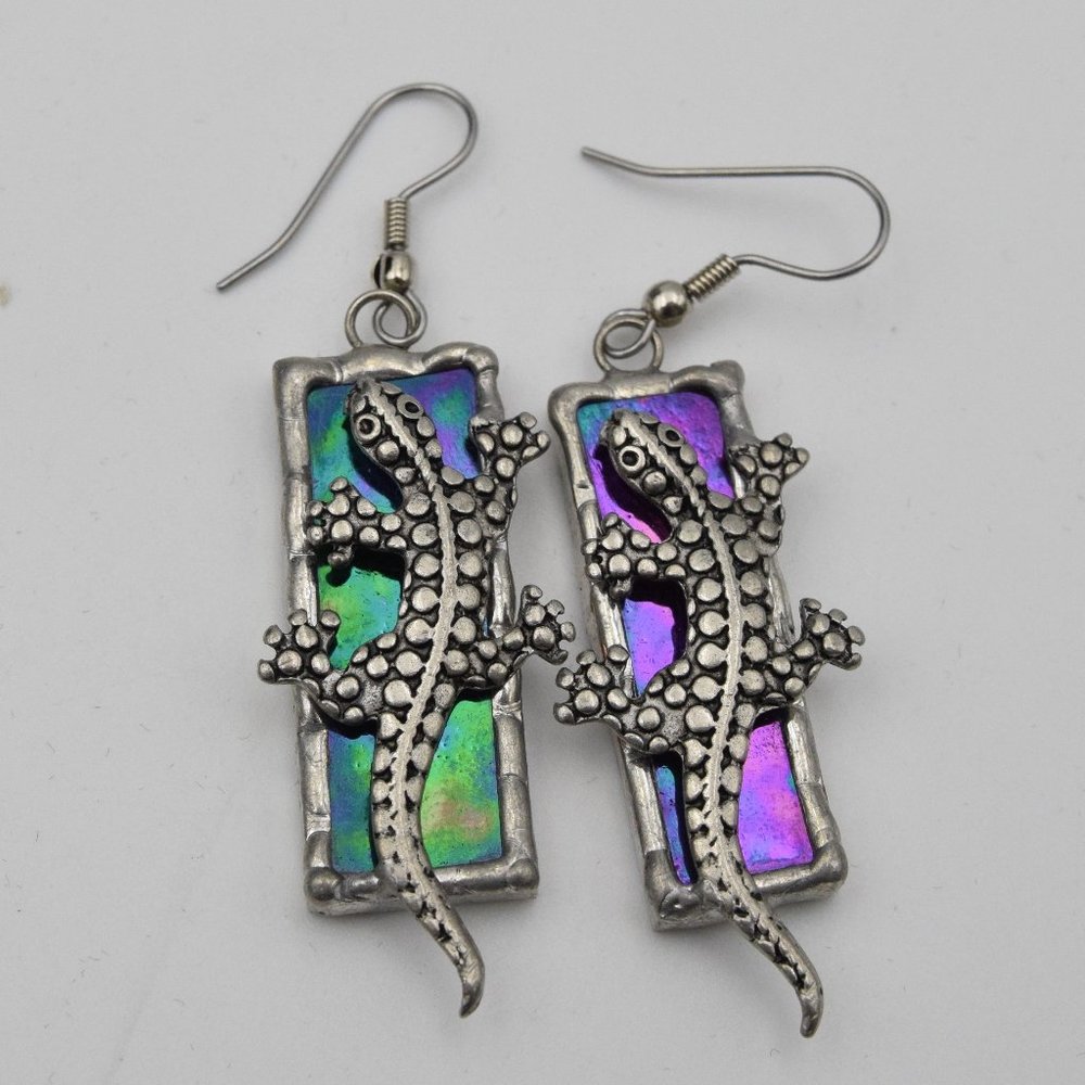 Vintage Lizards On Art Glass Artisan Earrings - Gem